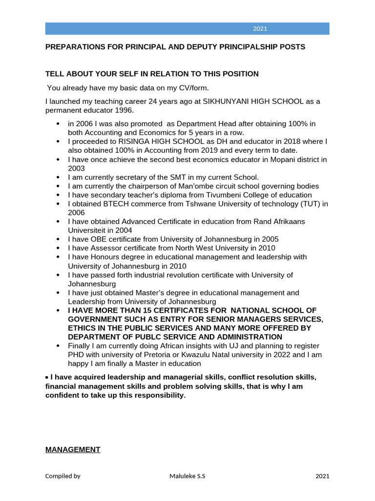 Principalship Preparation and Management Skills | PDF | Educational ...