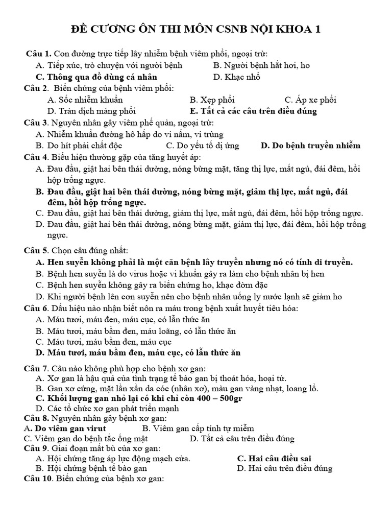 Đề Cương Thi CSNB Nội Khoa | PDF