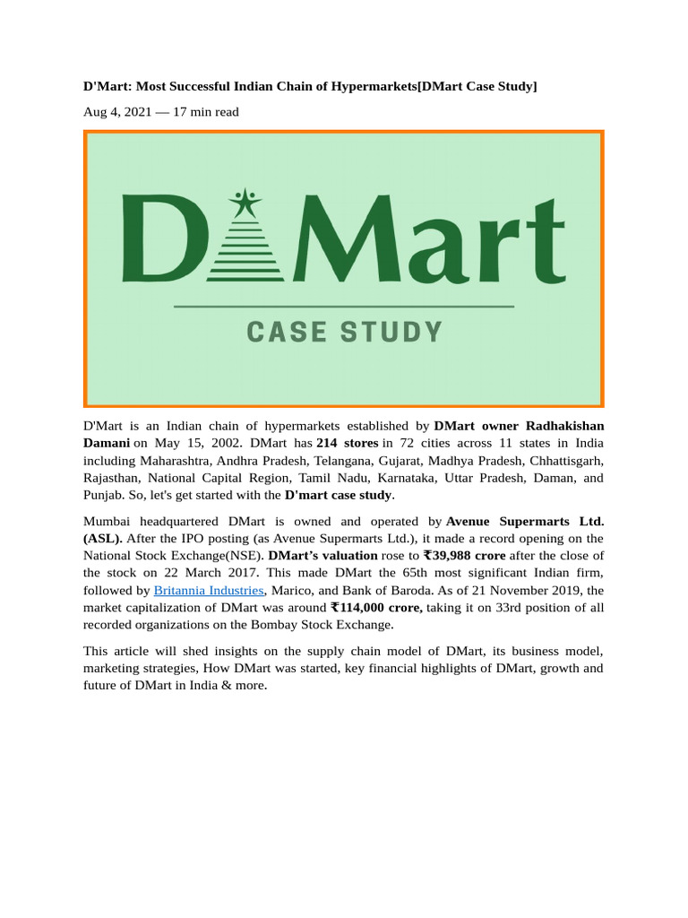 D'mart Case Study - Choice of Market | PDF | Retail | Business