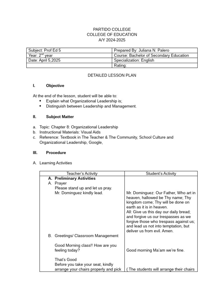 Organizational Leadership Lesson Plan | PDF | Lord's Prayer | Goal