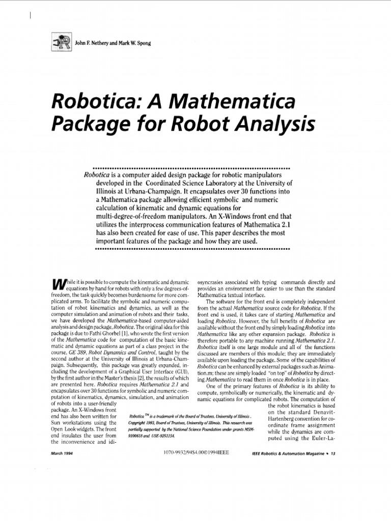 Robotica A Mathematica Package For Robot Analysis | PDF | Physics | Mechanics