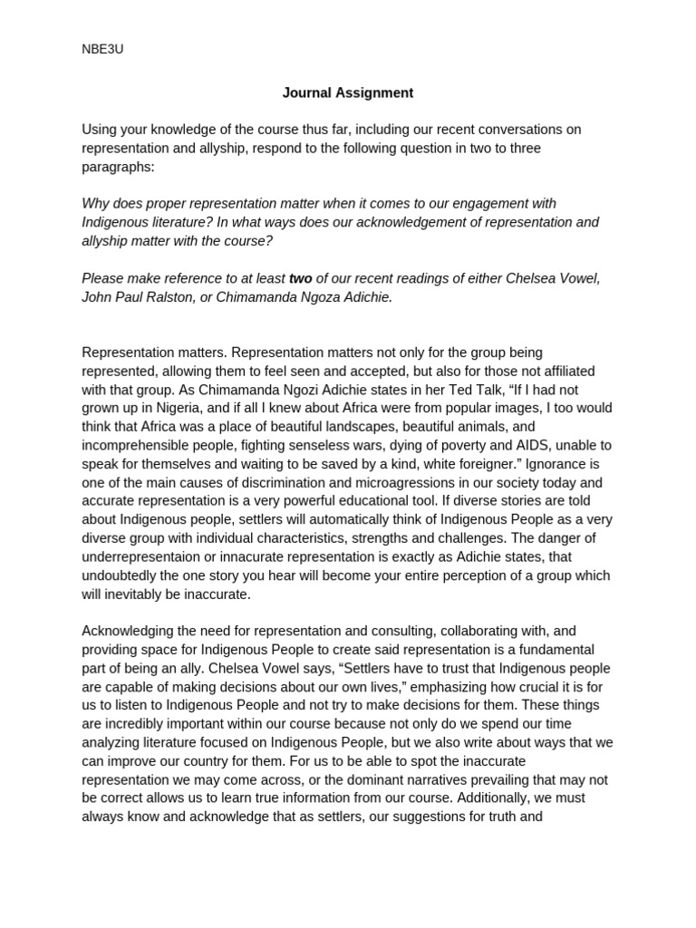 Copy of Journal Assignment NBE3U (1) | PDF | Cognition