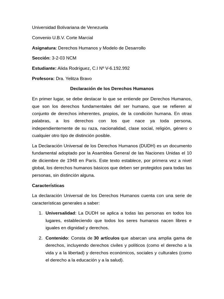 Informe Declaración de Los Derechos Humanos - Alida Rodríguez | PDF ...