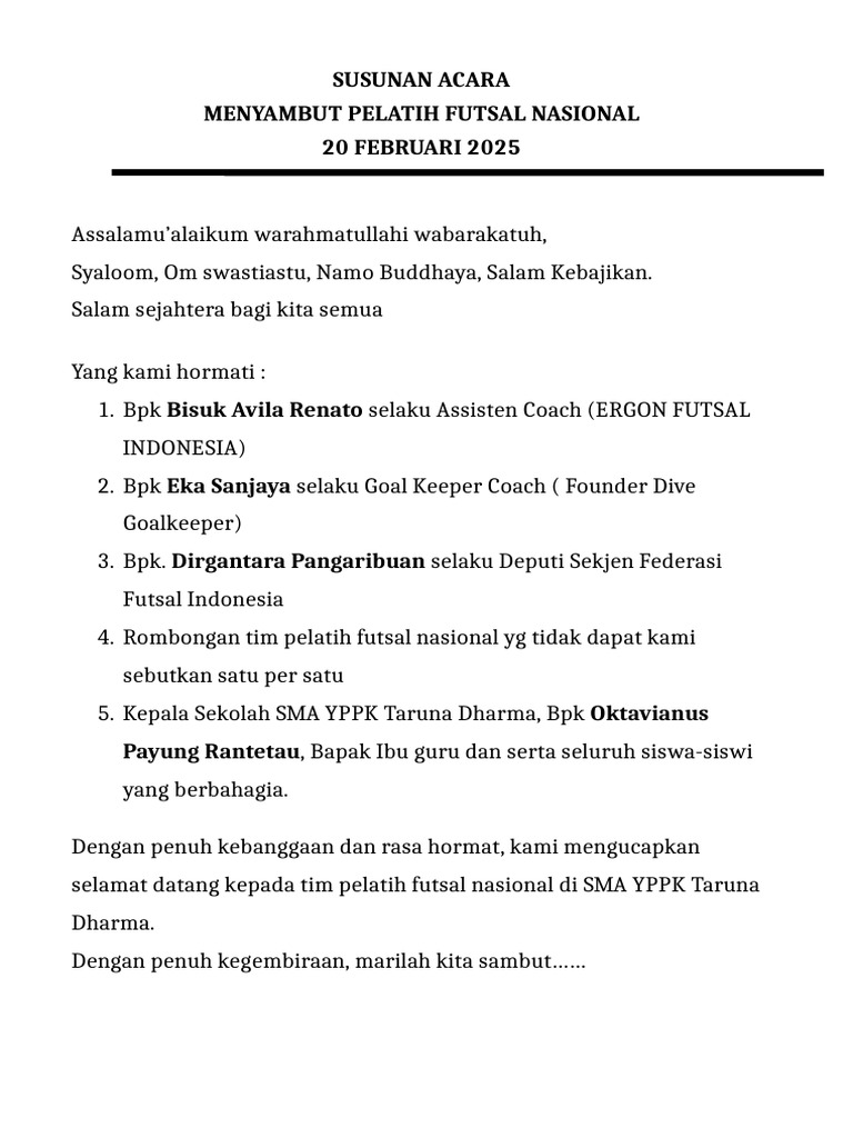 Susunan Acara Menyambut Coach Hector Souto - 20022025 | PDF