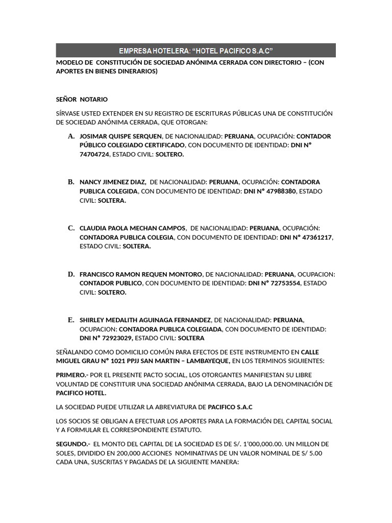 Minuta MODELO DE CONSTITUCIÓN DE SOCIEDAD ANÓNIMA CERRADA CON DIRECTORIO | PDF | Sociedad de ...