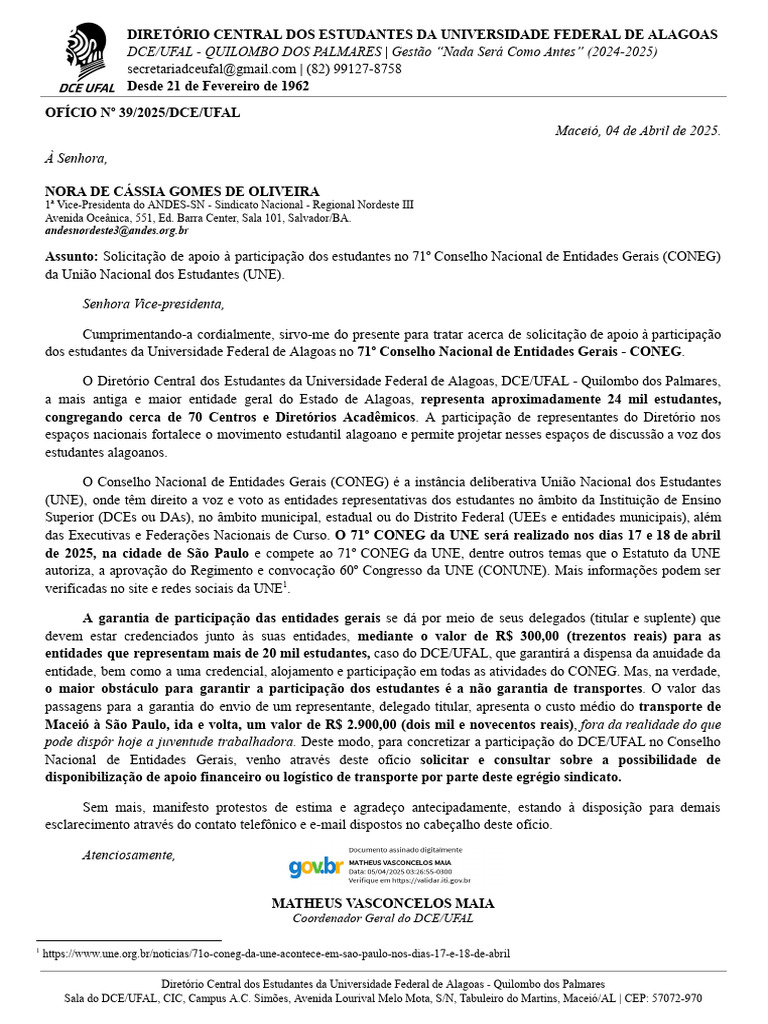 Apoio ao DCE/UFAL no 71º CONEG | PDF | Brasil