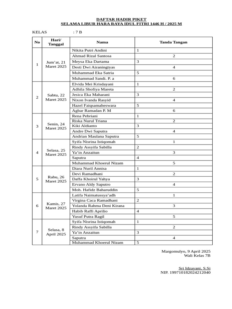 Daftar Hadir Piket | PDF