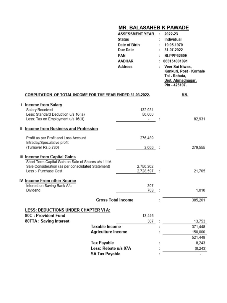 Mr. Balasaheb Pawade AY 2022-23 | PDF | Tax Deduction | Income