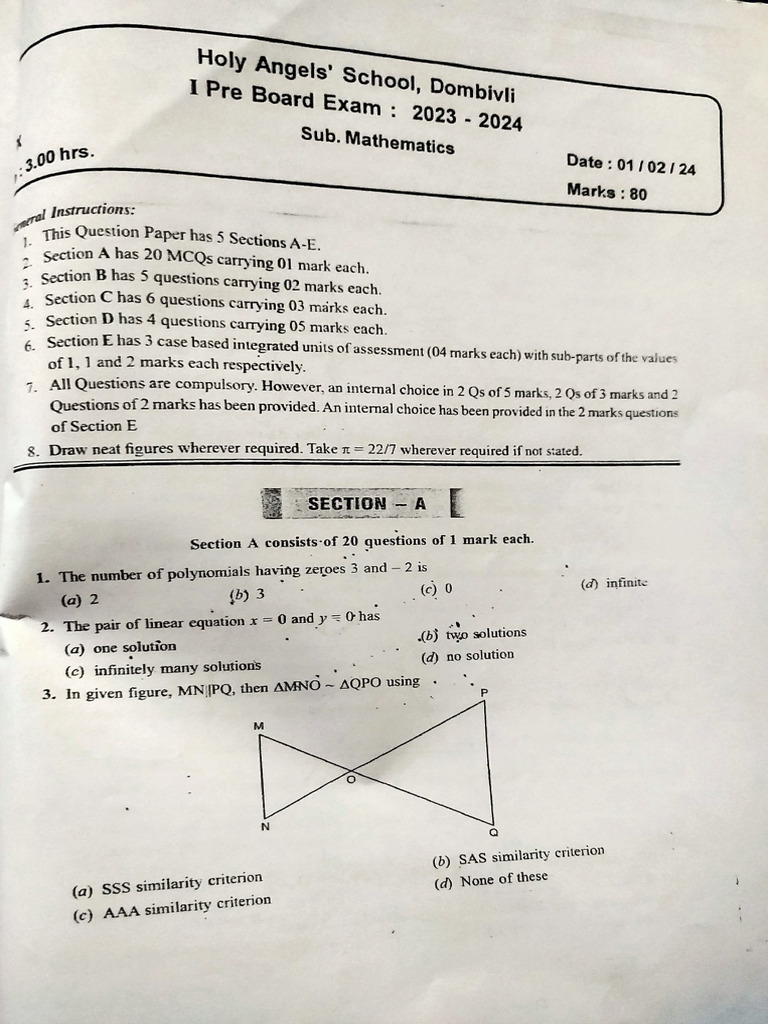 10Th Holy Angels 1st Preboard Exam 2023 2024 | PDF | Trigonometric Functions | Circle