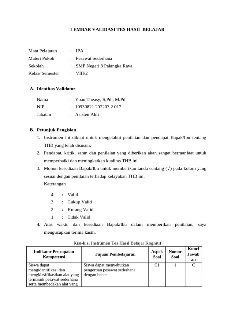 Validasi Ranah Kognitif Wananda y | PDF