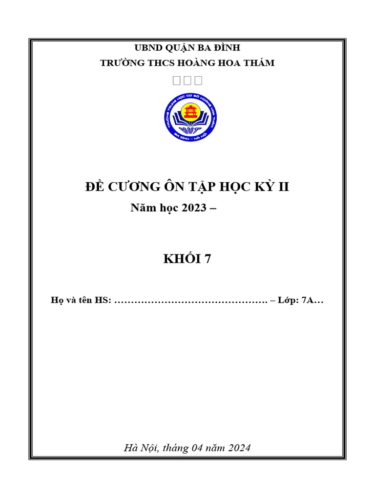 De Cuong Hoc Ky 2 Toan 7 Nam 2023 2024 Truong Thcs Hoang Hoa Tham Ha Noi | PDF