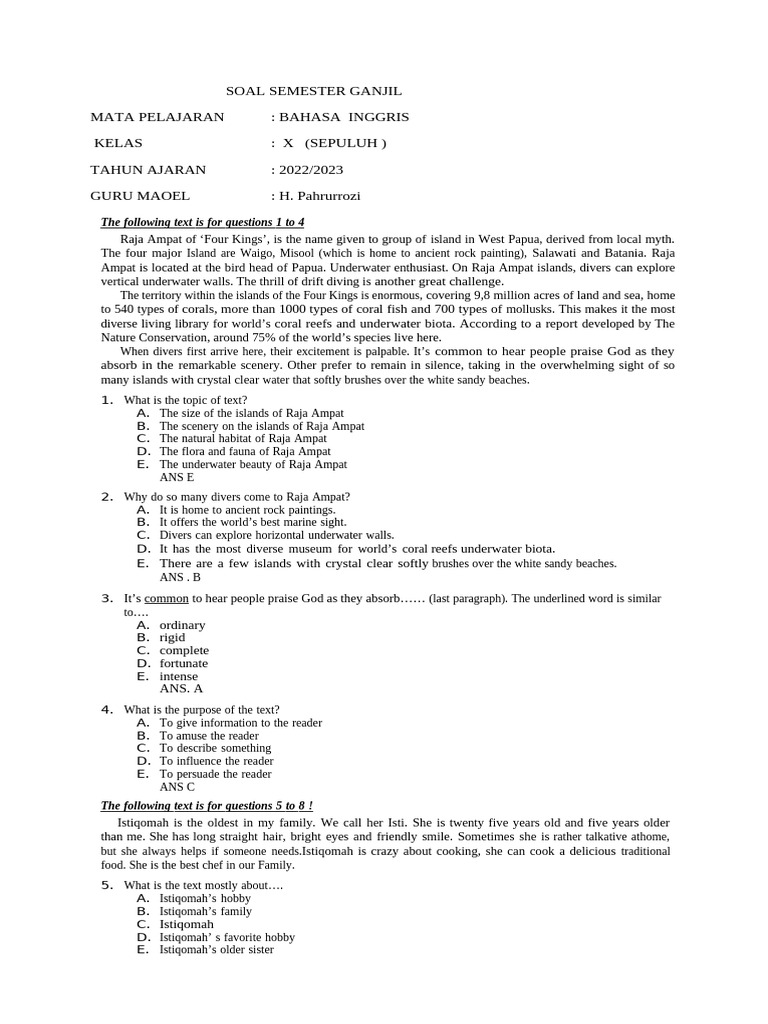 ACC .SOAL PAS Bhs. Inggris KLS X 2022 Pahrurrozi | PDF