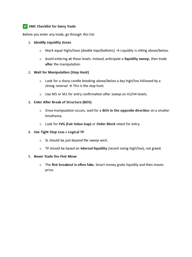 SMC Checklist For Every Trade | PDF