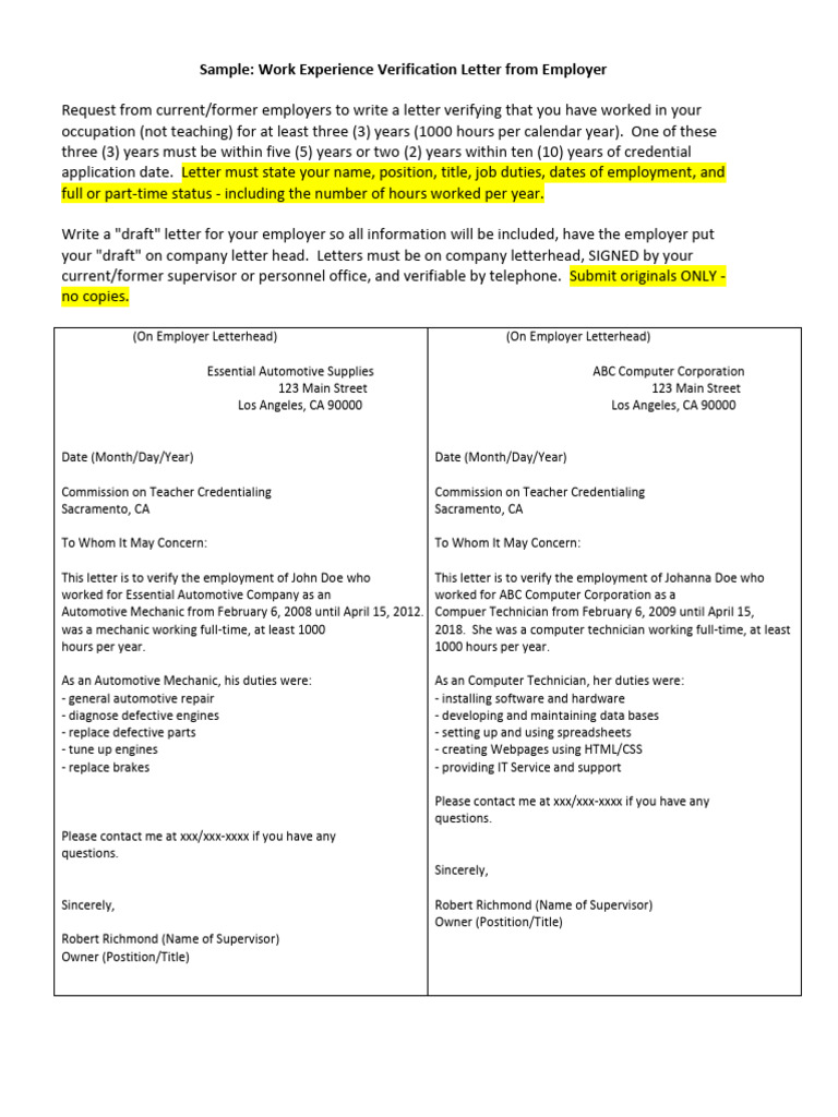 Work Experience Verification Letter Guide | PDF | Information ...