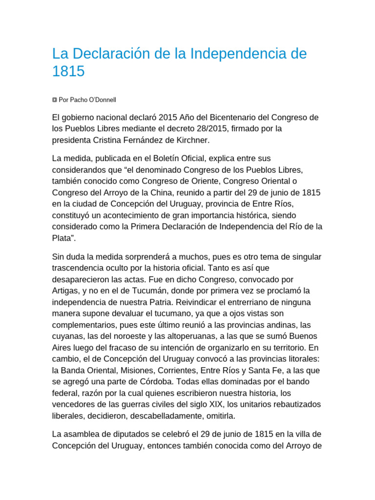 La Declaración de La Independencia de 1815 | PDF | Argentina | América ...