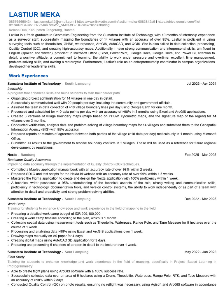 Lastiur Meka - Contract Logistics Management Trainee | PDF | Surveying