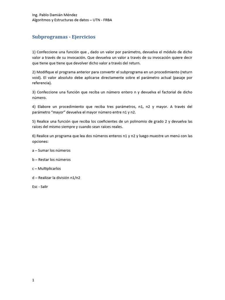 Subprogramas - Ejercicios | PDF