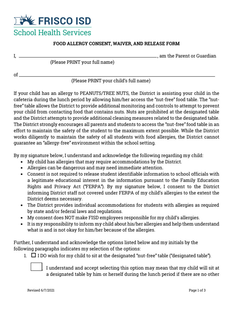 Frisco ISD Food Allergy Consent Form | PDF | Indemnity | Justice