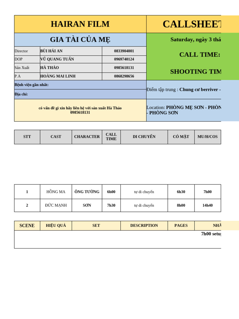 Callsheet Day 1 | PDF