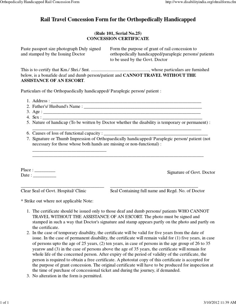Orthopedic Ally Handicapped Rail Concession Form