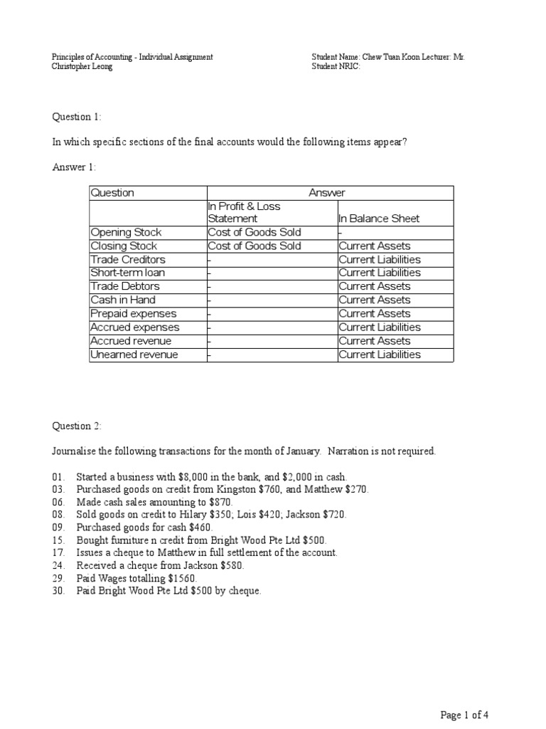 Principles of Accounting - Individual Assignment Student Name: Chew ...