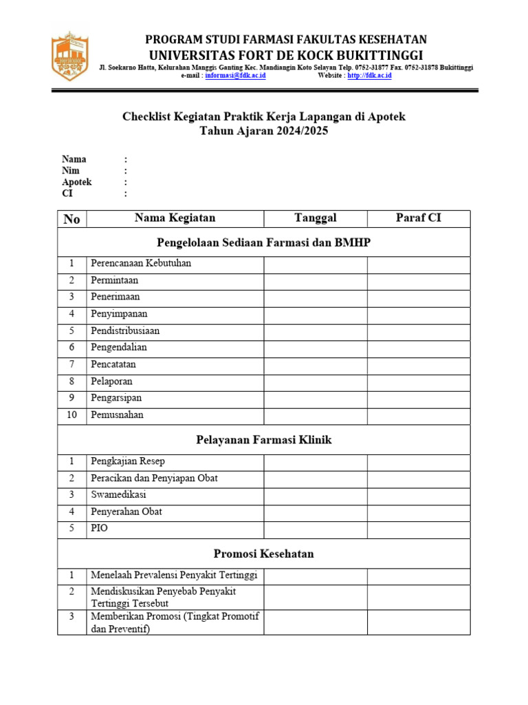 Checklist PKL APOTEK | PDF