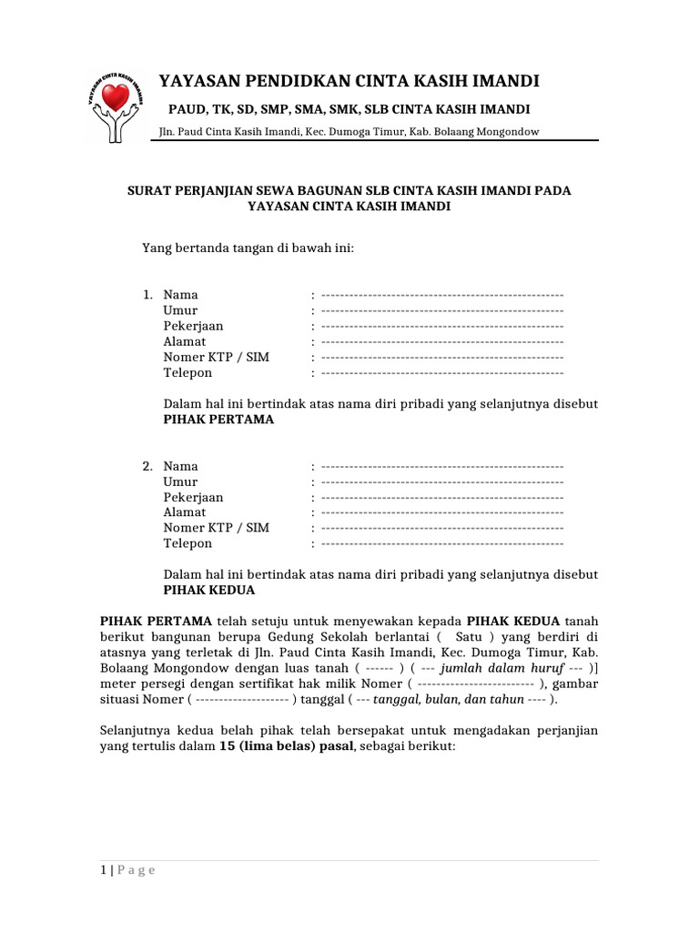 Perjanjian Sewa Gedung SLB Imandi | PDF