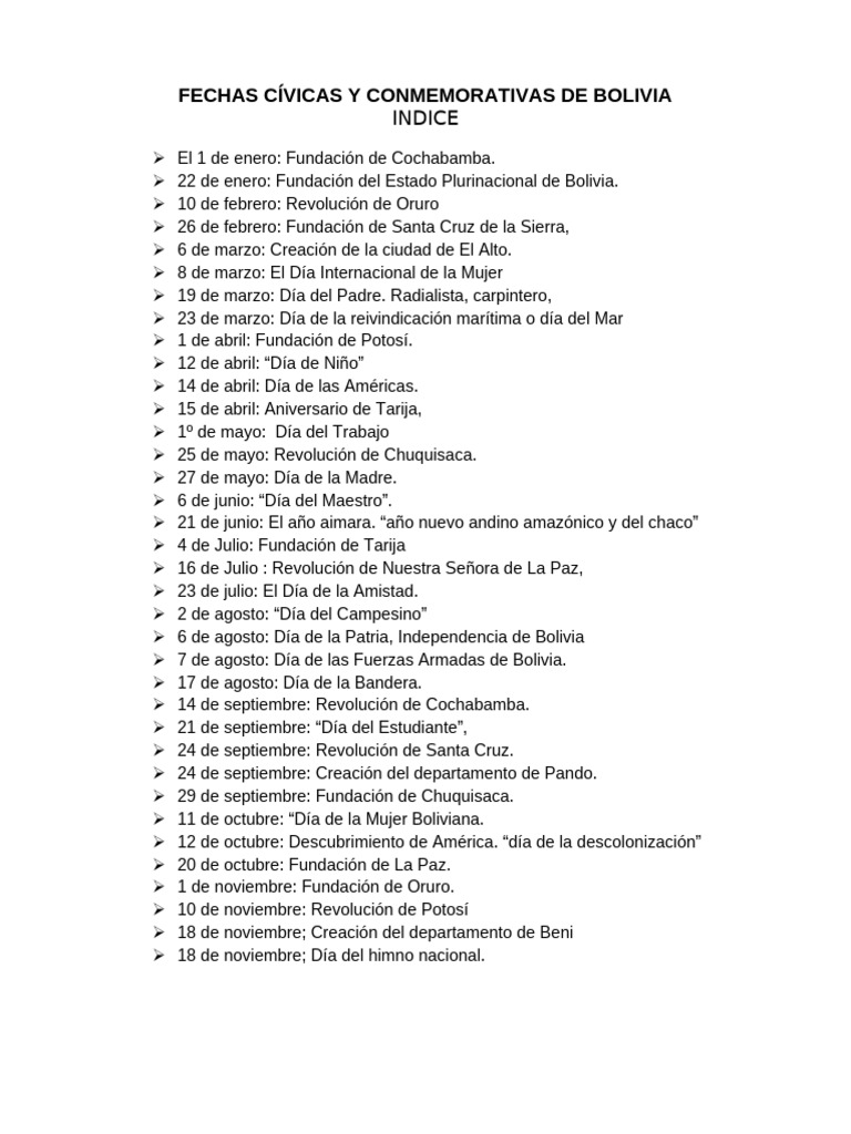 Fechas Cívicas de Bolivia 2025 | PDF