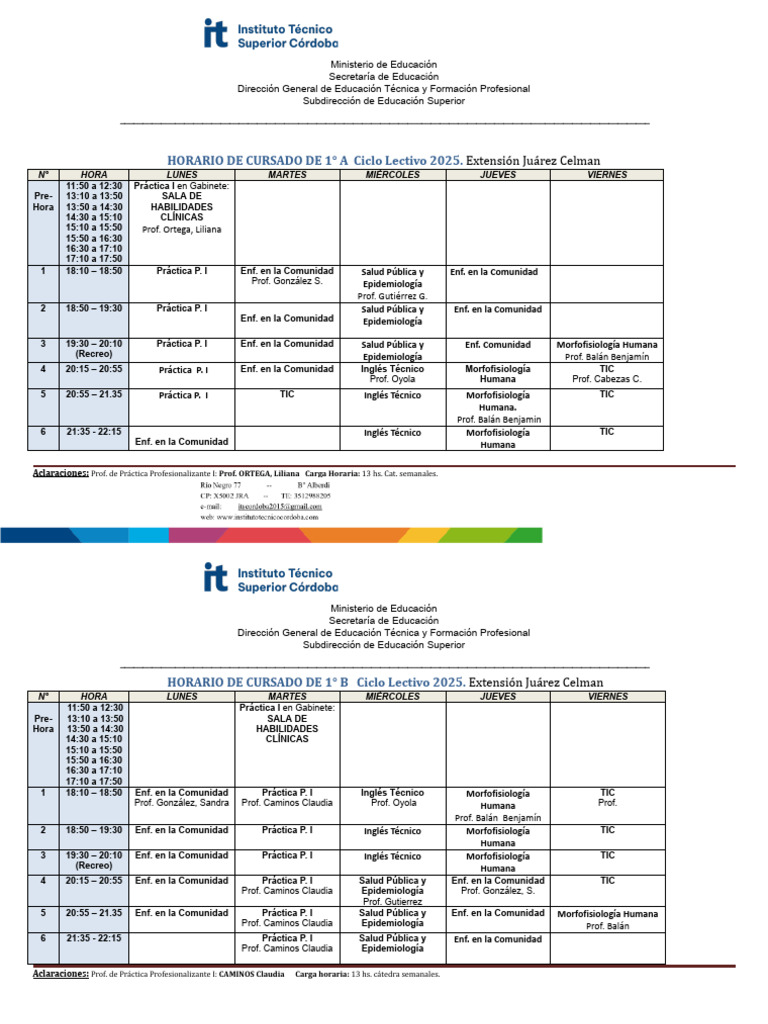 Horarios ITSC Juárez Celman 2025 | PDF