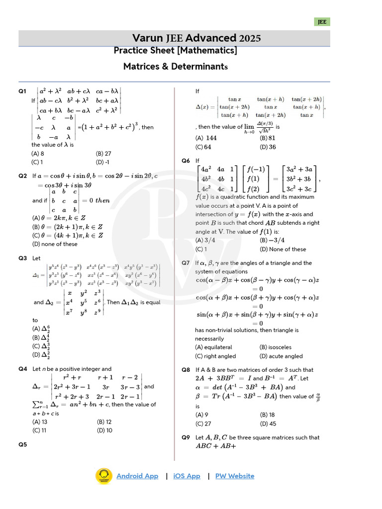 Matrices and Determinants - Practice Sheet - Varun JEE Advanced 2025 | PDF | Matrix (Mathematics ...