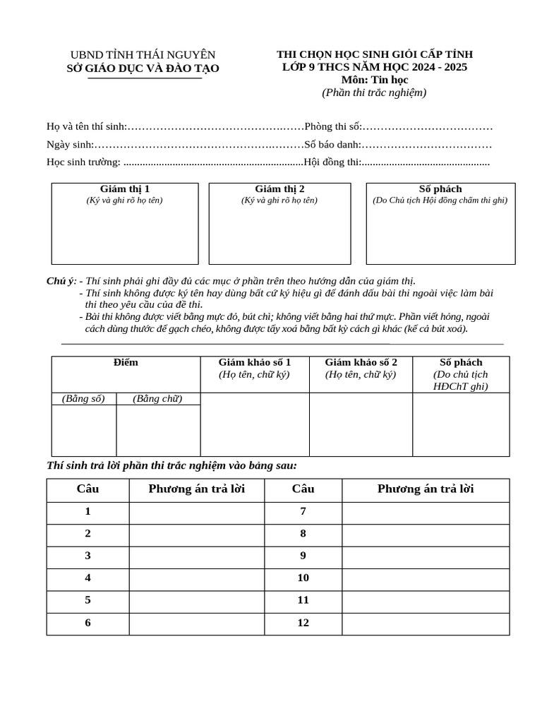 Giay thi phan trac nghiem lop 9 | PDF