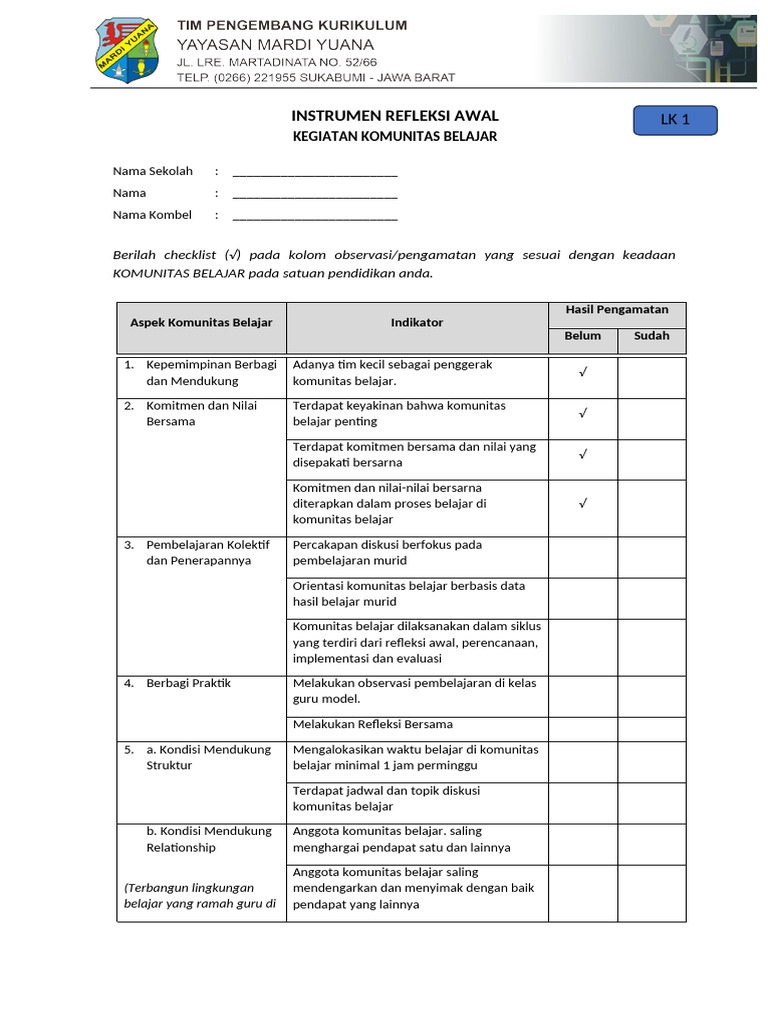 Contoh Pengisian - Form Instrumen Workshop Kombel | PDF