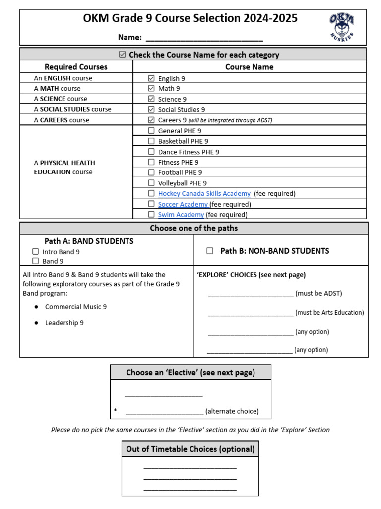 Grade 9 Course Selection Sheet 2024-2025 | PDF | Entertainment ...