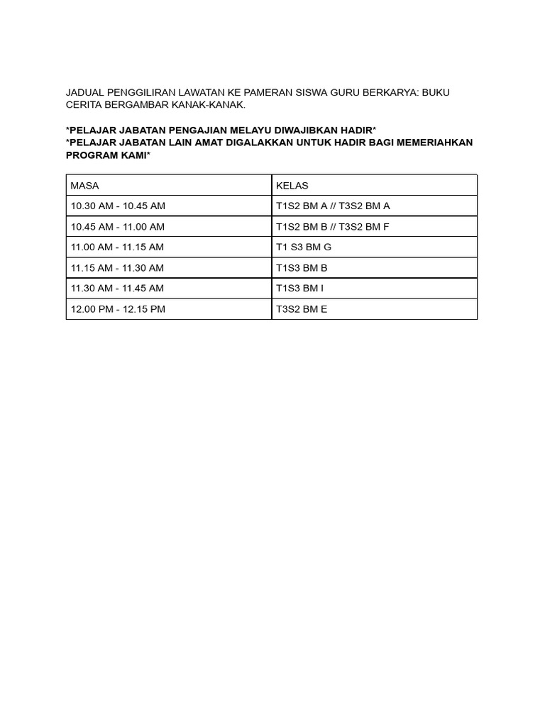 Jadual Penggiliran Lawatan Ke Pameran Siswa Guru Berkarya Buku Cerita | PDF