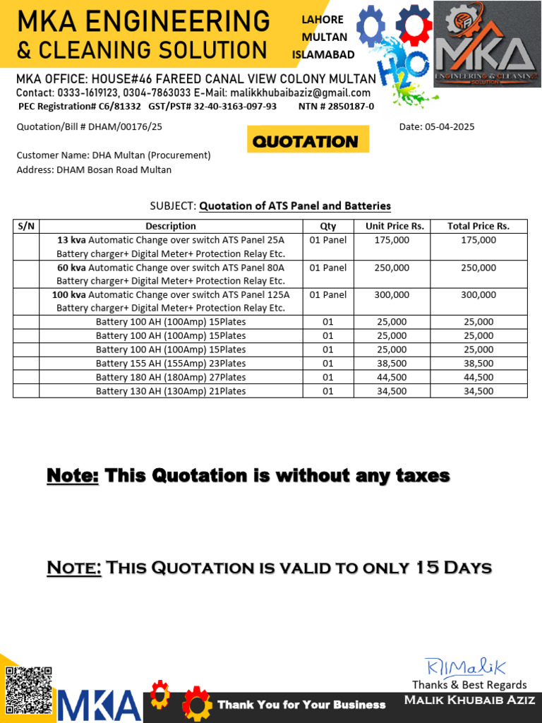 05-04-2025 Quotation of ATS Panel and Battries | PDF