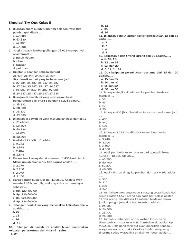 Simulasi Try Out Kelas 5 | PDF