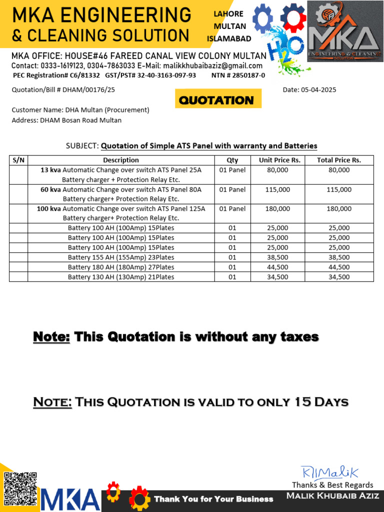 05-04-2025 Quotation of Simple ATS Panel and Battries | PDF