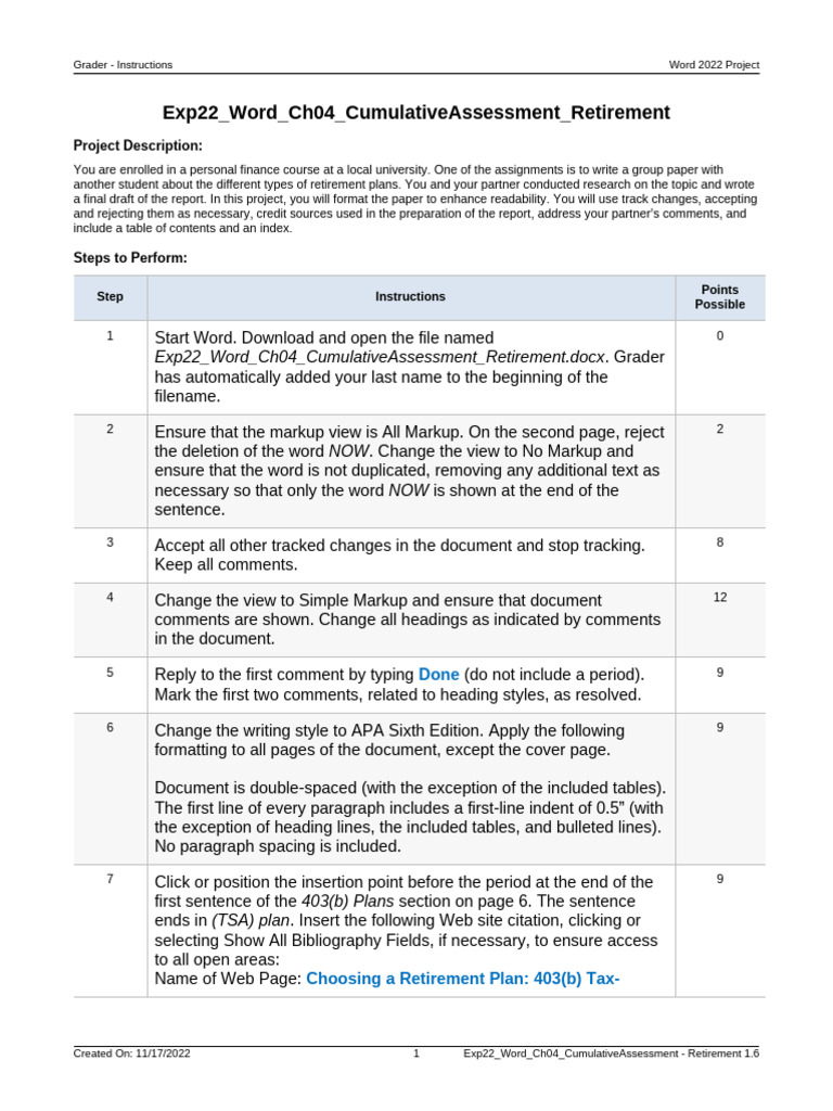 Exp22 Word Ch04 CumulativeAssessment Retirement Instructions | PDF | 401(K) | Individual ...