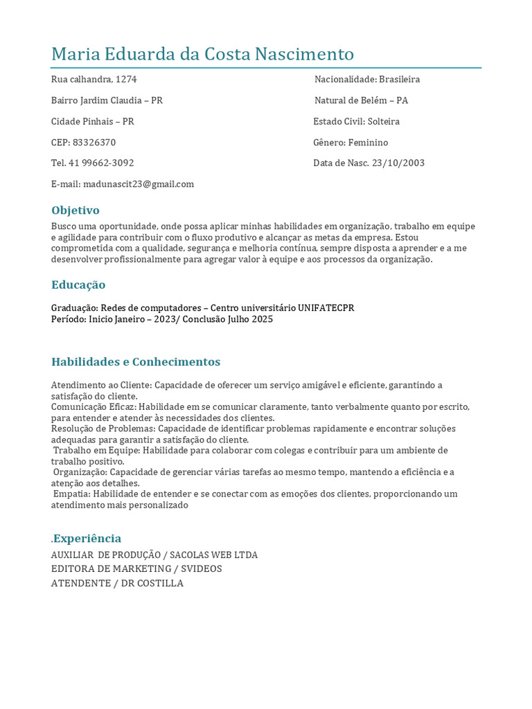 Curriculo Maria Eduarda | PDF