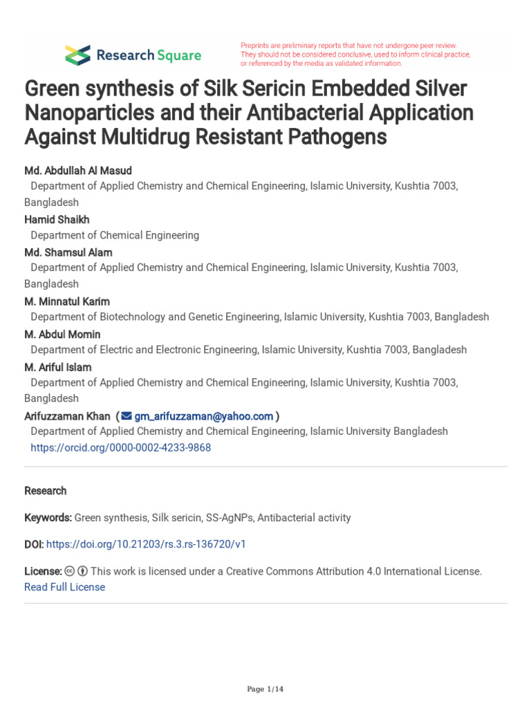 Green Synthesis of Silk Sericin Embedded Silver Na | PDF | Pseudomonas Aeruginosa | Nanoparticle