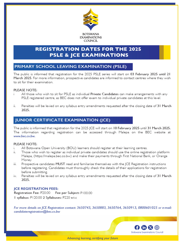 PSLE & JCE Registration Dates 2025 | PDF