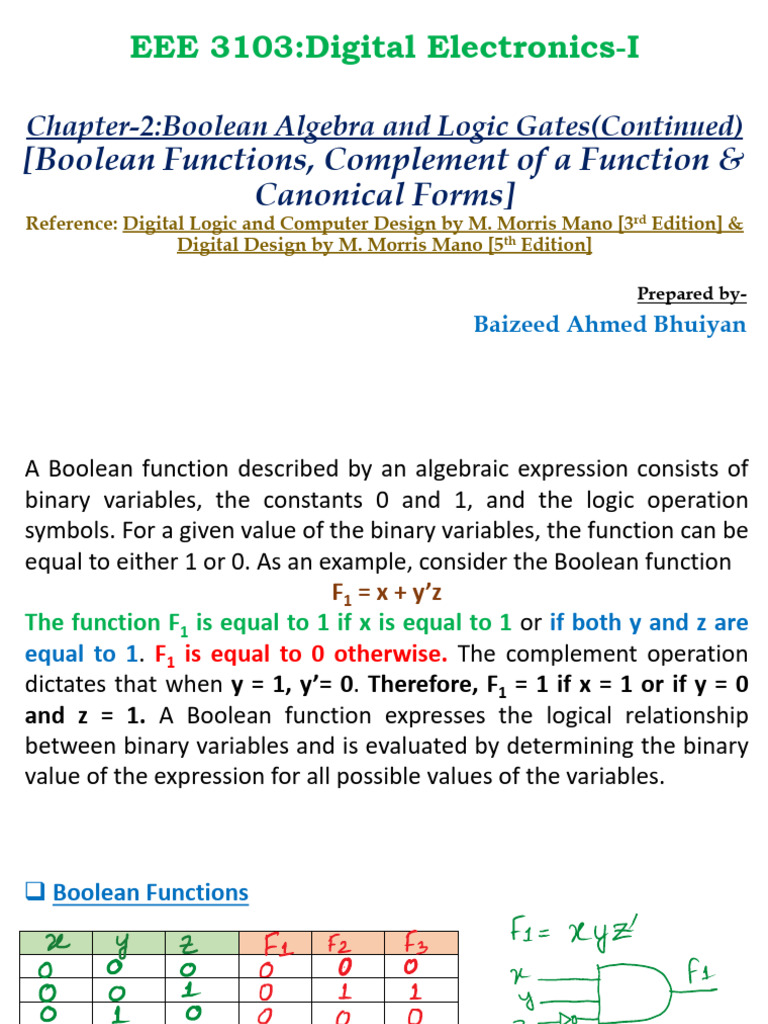 EEE 3103 - Boolean Functions-Canonical & Standard Forms | PDF | Boolean Algebra | Teaching ...
