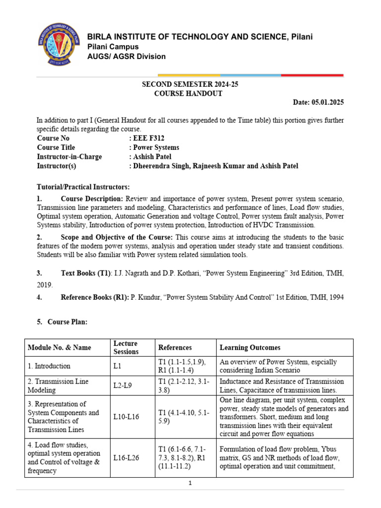 EEE F312 - 2024-25 Sem II | PDF | Electric Power Transmission ...