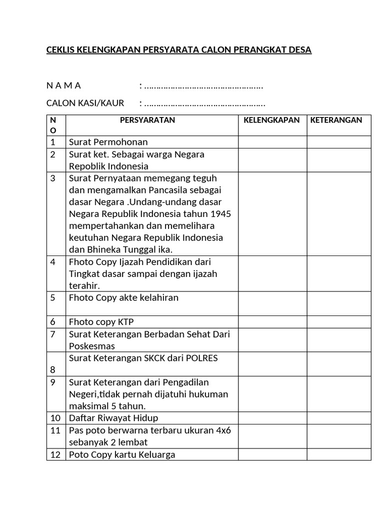 Ceklis Kelengkapan Persyarata Calon Perangkat Desa | PDF