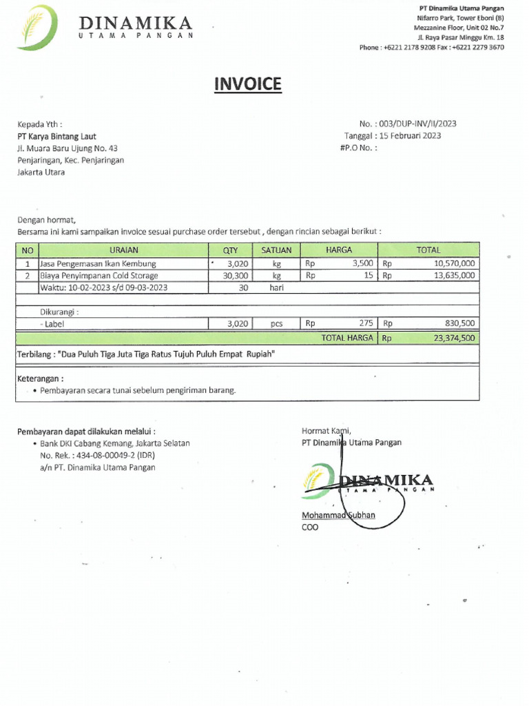 (Pangan) Invoice Jasa Pengemasan & Biaya Cold Storage Kpd CV Karya ...
