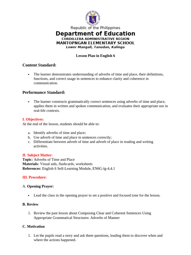 Lesson Plan in English 6 | PDF | Lesson Plan | Adverb
