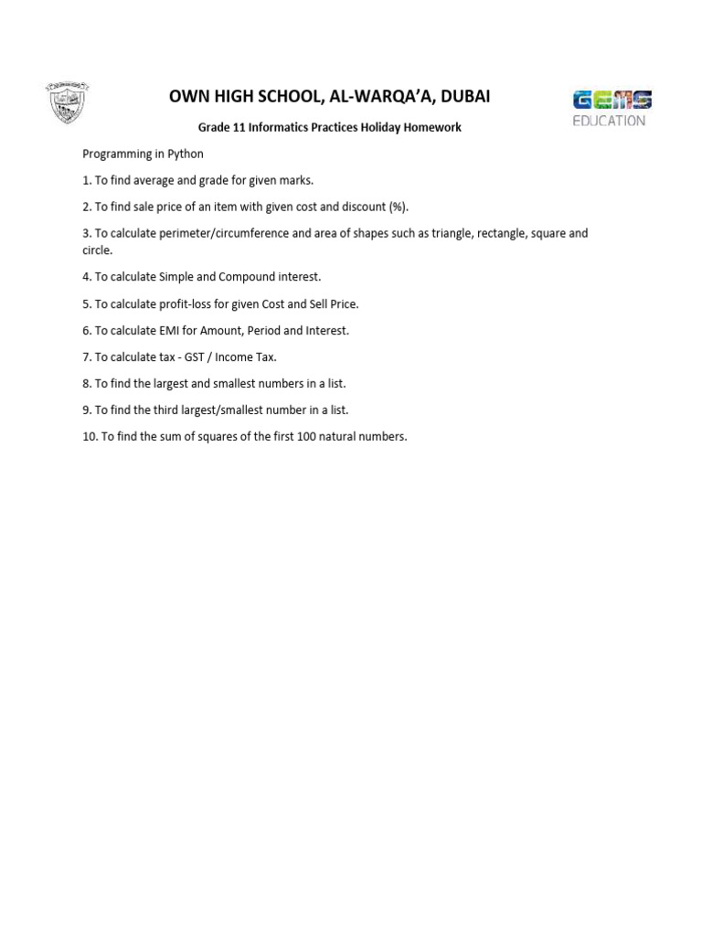 Grade 11 Python Holiday Homework | PDF