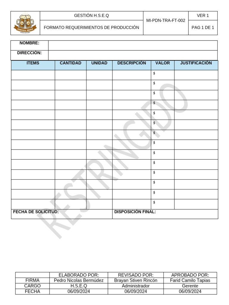 Formato Requerimientos de Producción | PDF