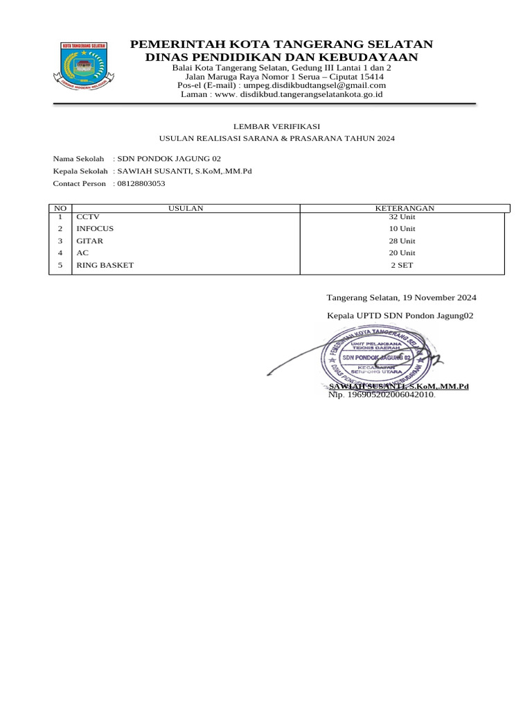Form Usulan Sarpras SDN Pondok Jagung 02 Tahun 2024 | PDF
