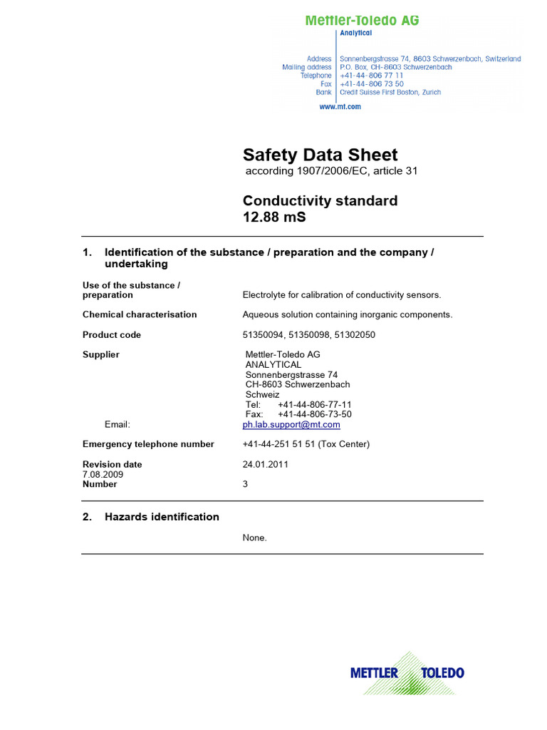 MSDS Conductivity Standard 12.88mS e ANA Jan24 | PDF | Waste | Waste ...